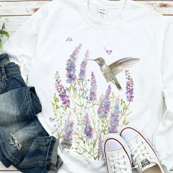 DOPASHIRT Floral Hummingbird Sweatshirt Flowers On Stems Garden Sweater ...
