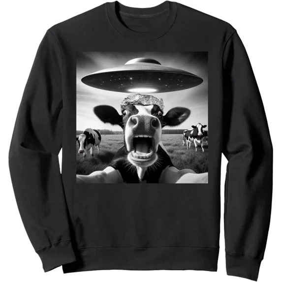 DOPASHIRT Funny Cow Abduction By Ufo Selfie Hilarious Alien Crewneck ...