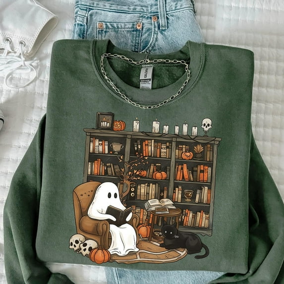 DOPASHIRT Ghost Book Reading Hal.Low.Een Sweatshirt Library Sweatshirt ...