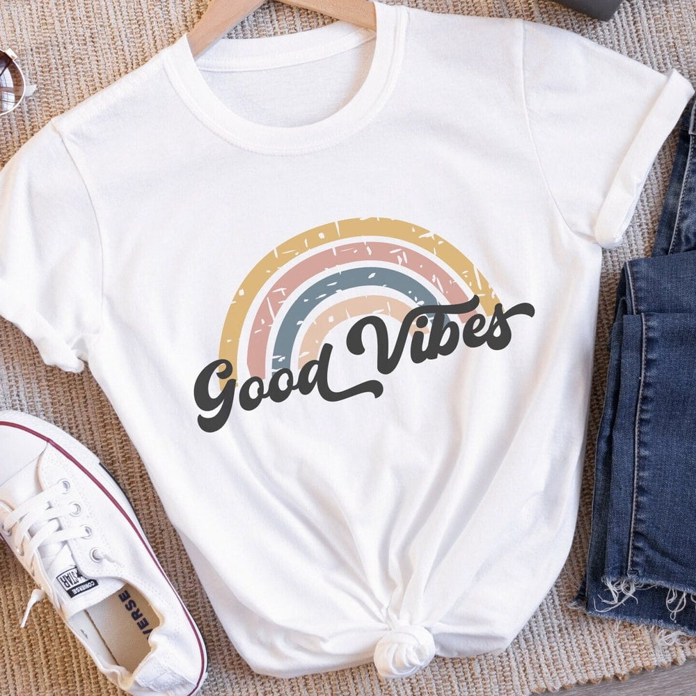 DOPASHIRT Good Vibes Graphic Tee - Boho Rainbow T-Shirt - Positive ...