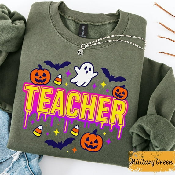 DOPASHIRT Hal.Low.Een Teacher Sweater Neon Drip Teacher Ghost Pumpkin ...