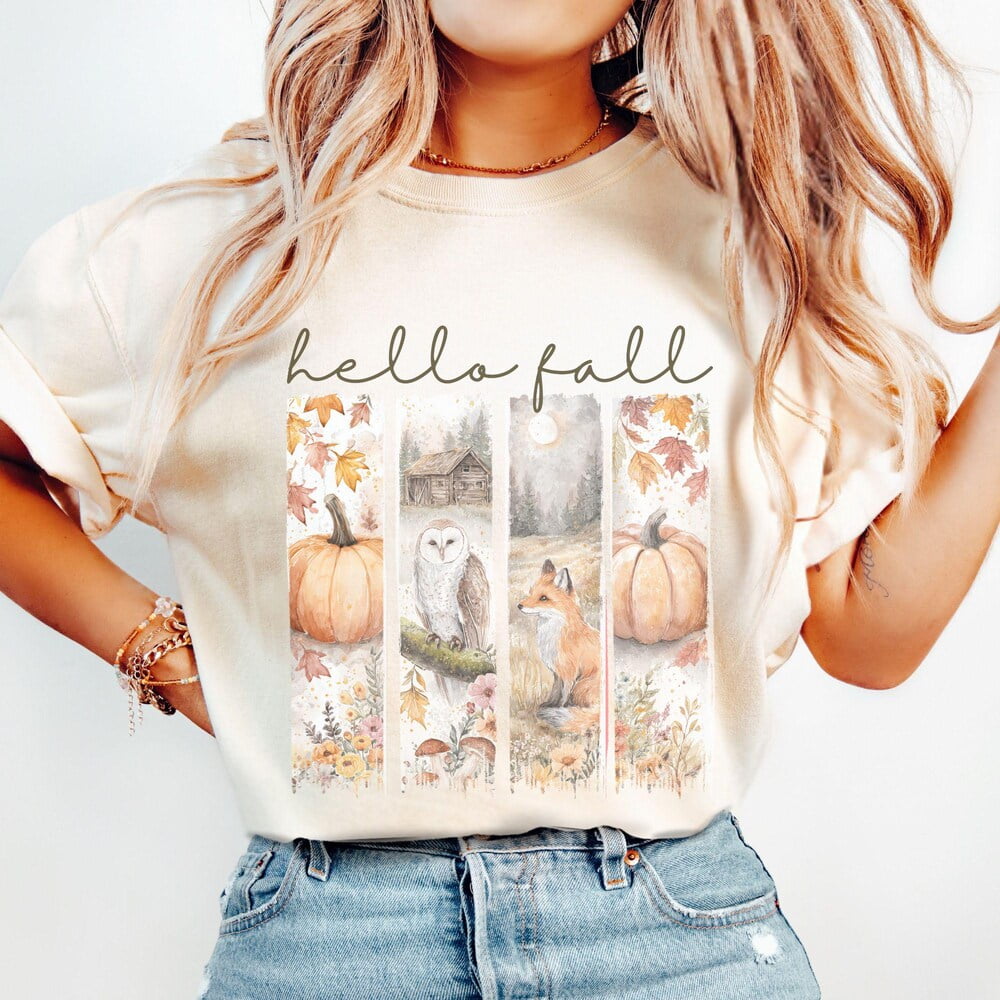 DOPASHIRT Hello Fall Shirt Autumn Vibes Cottagecore T Shirt Pumpkin Fox ...