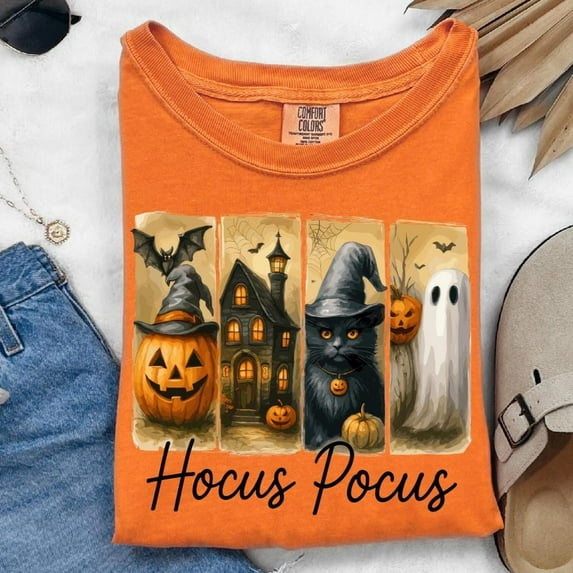 DOPASHIRT Hocus Pocus Hal.Low.Een Shirt, Cute Ghost Pumpkin Cat Tee, Spooky Haunted House Shirt ...