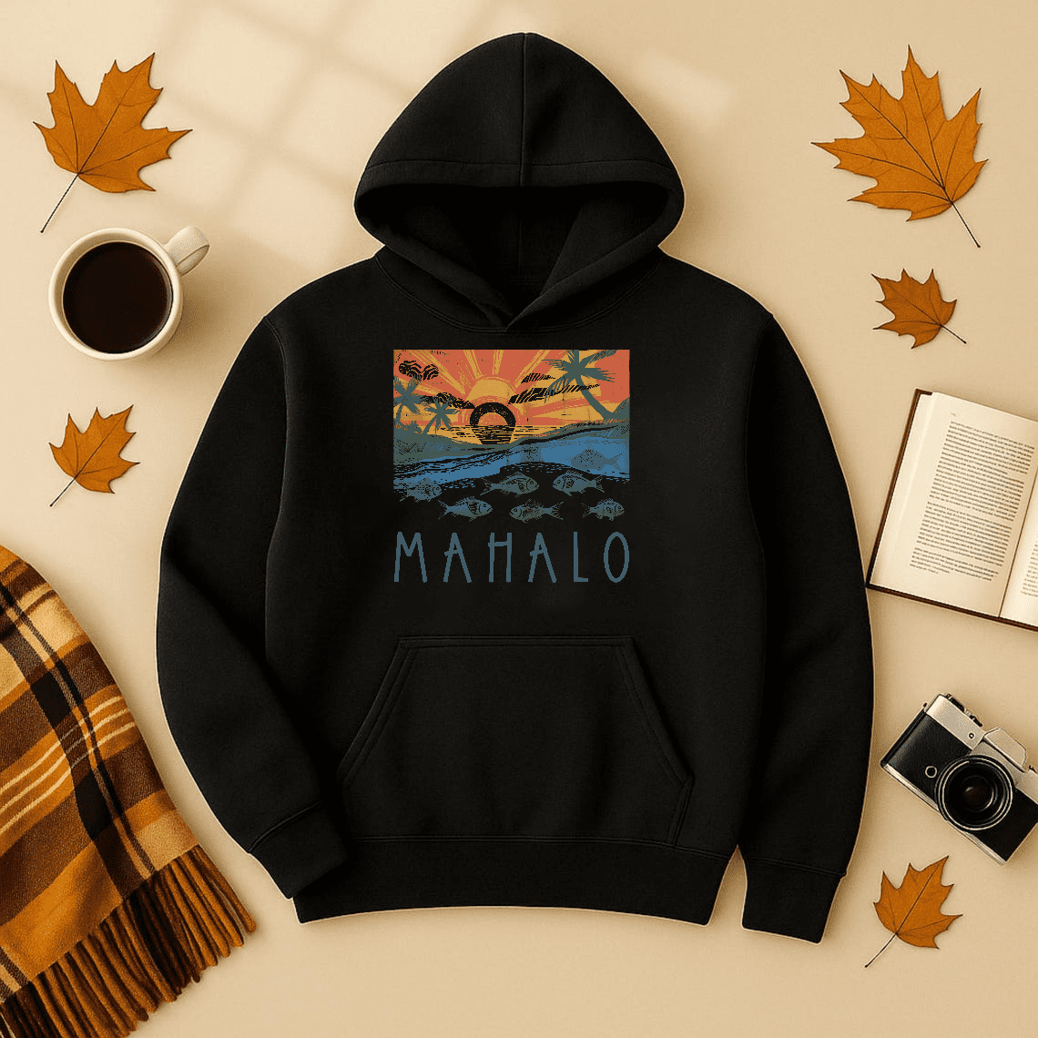 DOPASHIRT Mahalo Sunset Palm Trees Fish Graphic Hoodie Hawaii Beach ...