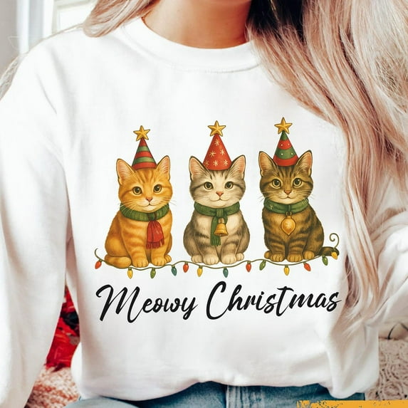 DOPASHIRT Meowy Xmas Cat Sweatshirt, Cute Kitten Holiday Sweater ...