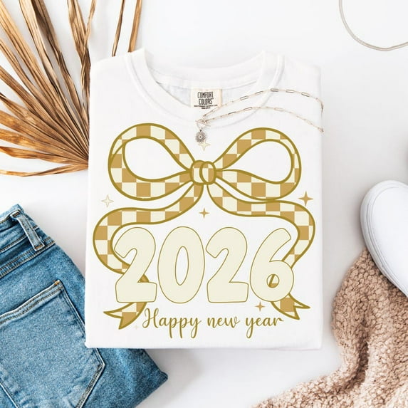 DOPASHIRT New Year 2026 Bow Design Gold Checkered Ribbon Shirt Unisex S-5XL Trendy Shirt ...