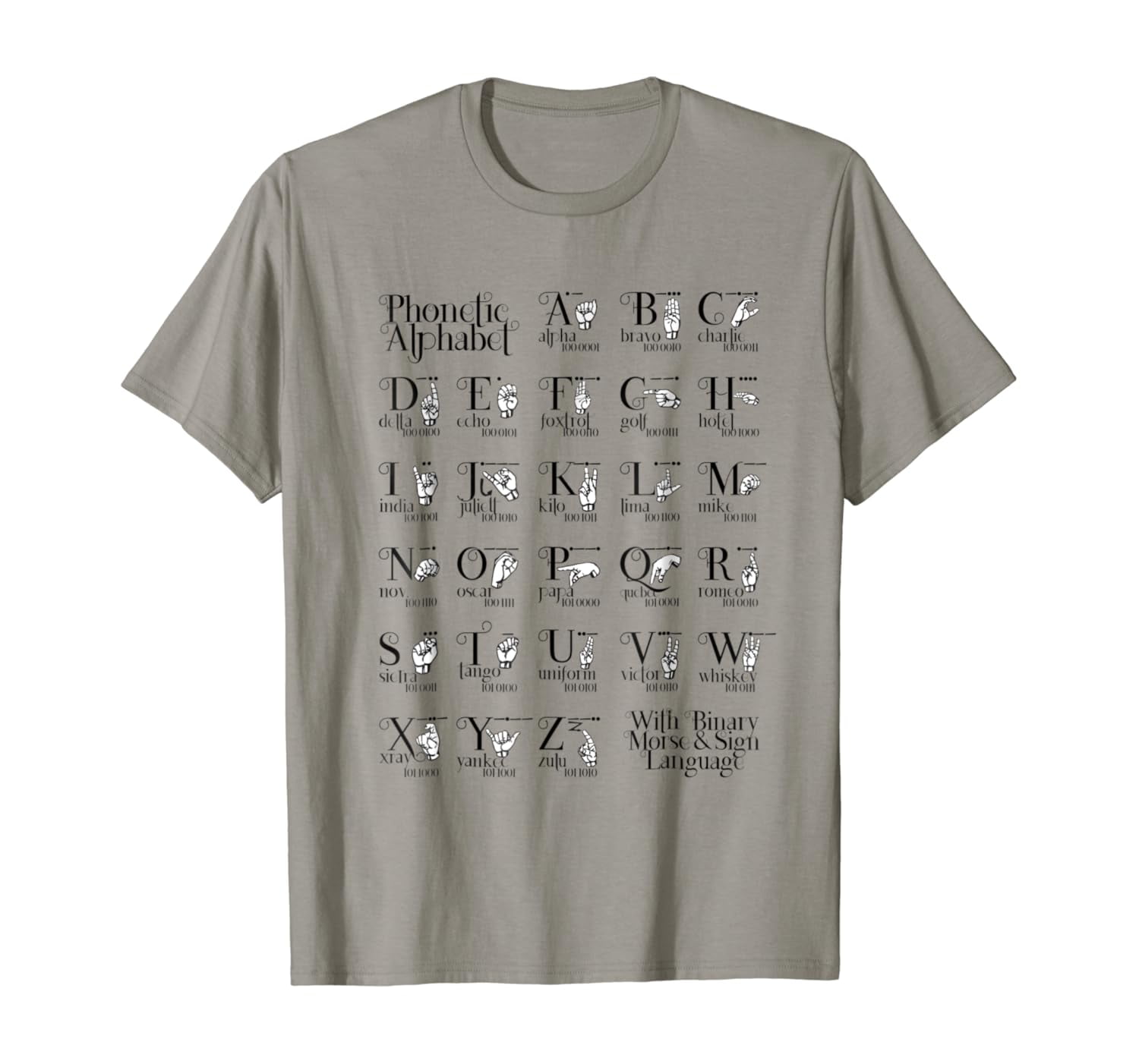 DOPASHIRT Phonetic Alphabet With Binary Morse & Sign Language Tshirt T ...