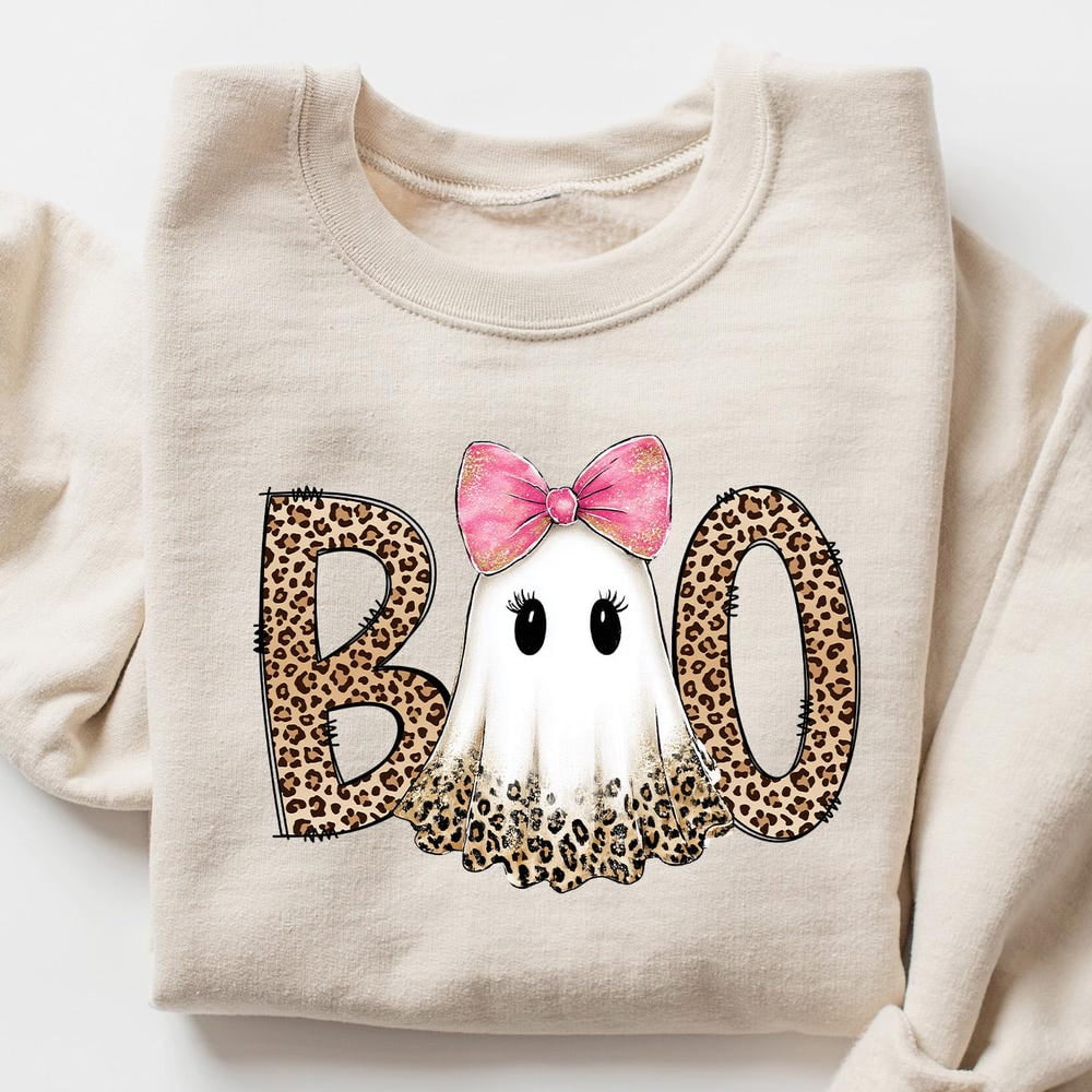 DOPASHIRT Preppy Ghost Boo Sweatshirt, Leo.Pard Sp00Ky Coquette Ghost ...