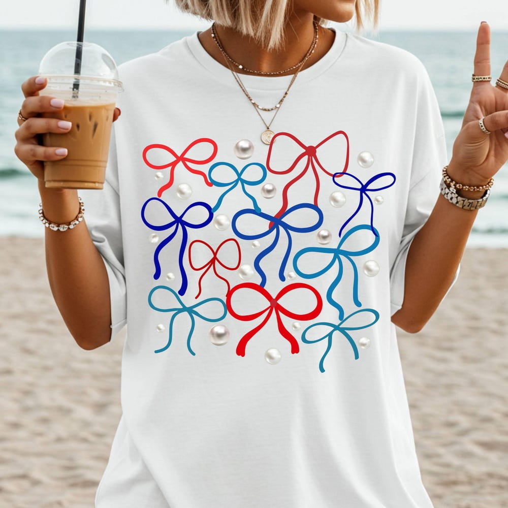 DOPASHIRT Red White And Blue Bows Graphic Tee, Messy Coquette Pearl ...