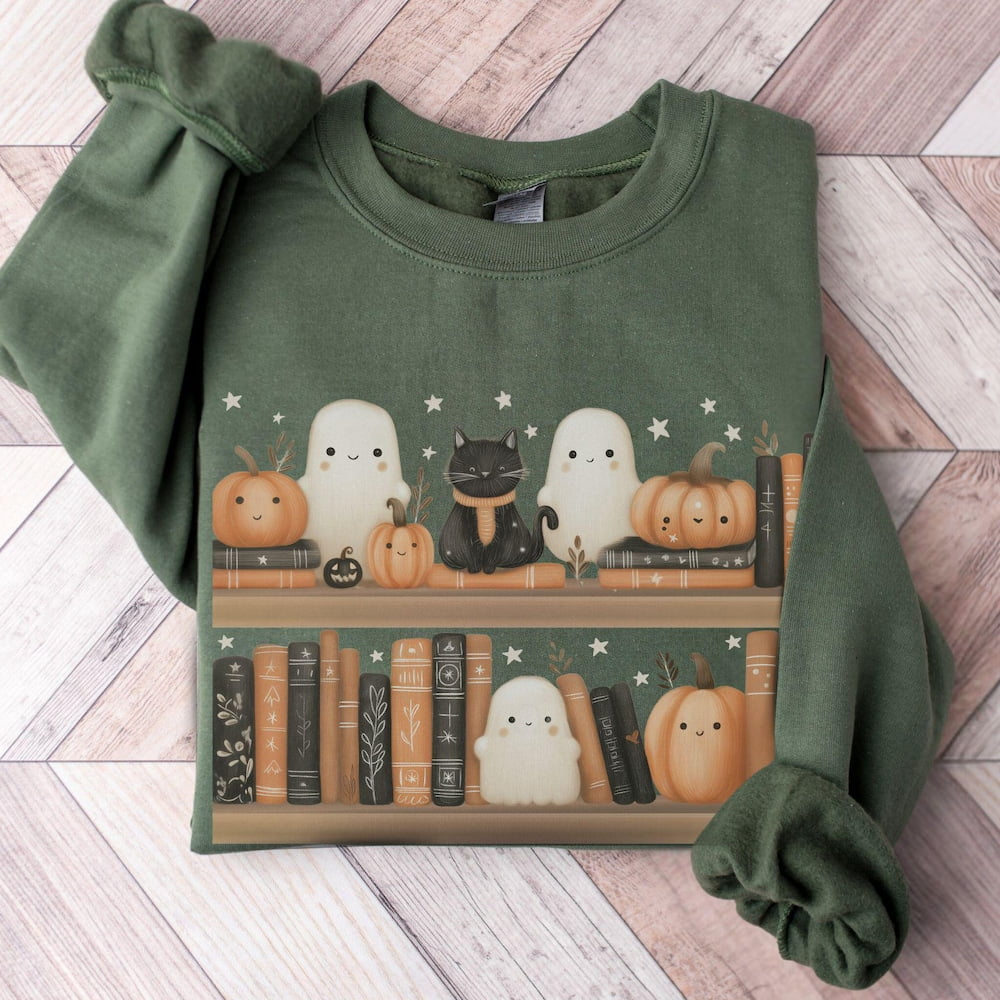 DOPASHIRT Sp00Ky Hal.Low.Een Bookshelf Sweatshirt, Bookish Ghost ...