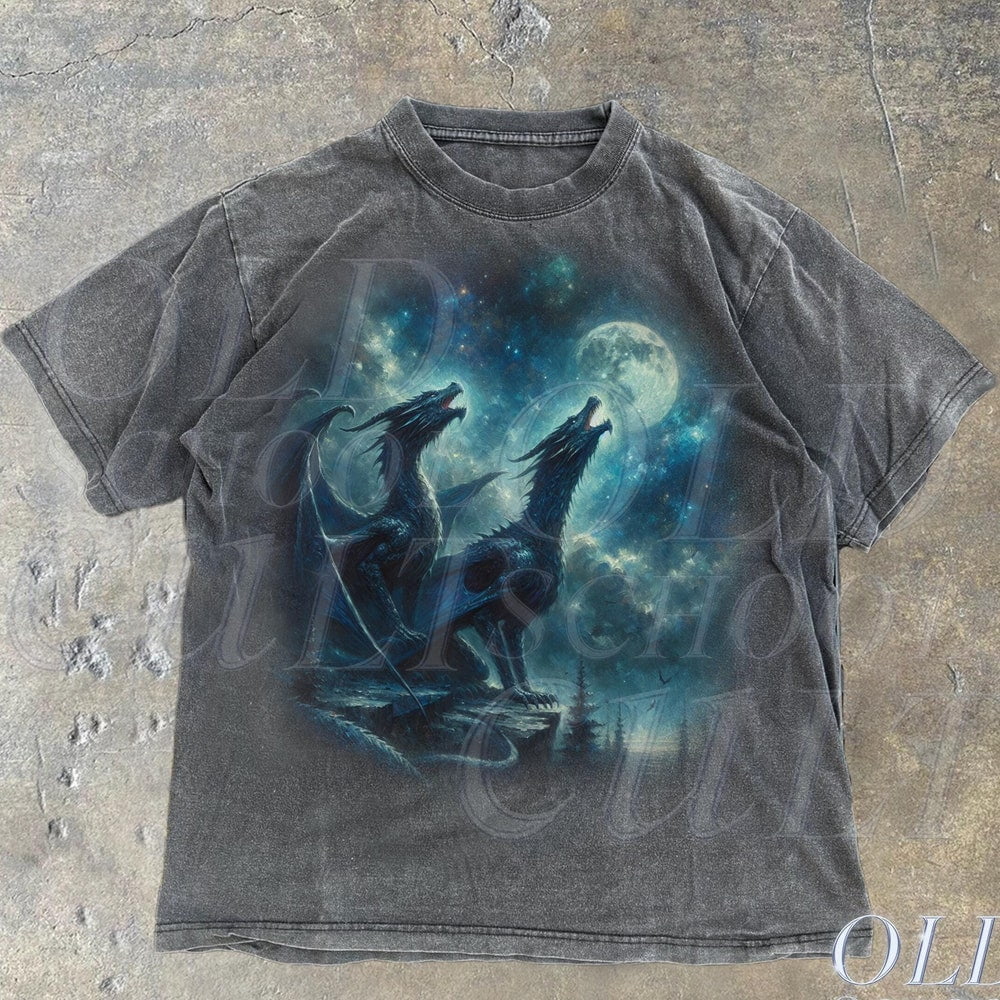 DOPASHIRT Two Dragon Retro Graphic T-Shirts, Vintage Dragon Fantasy ...