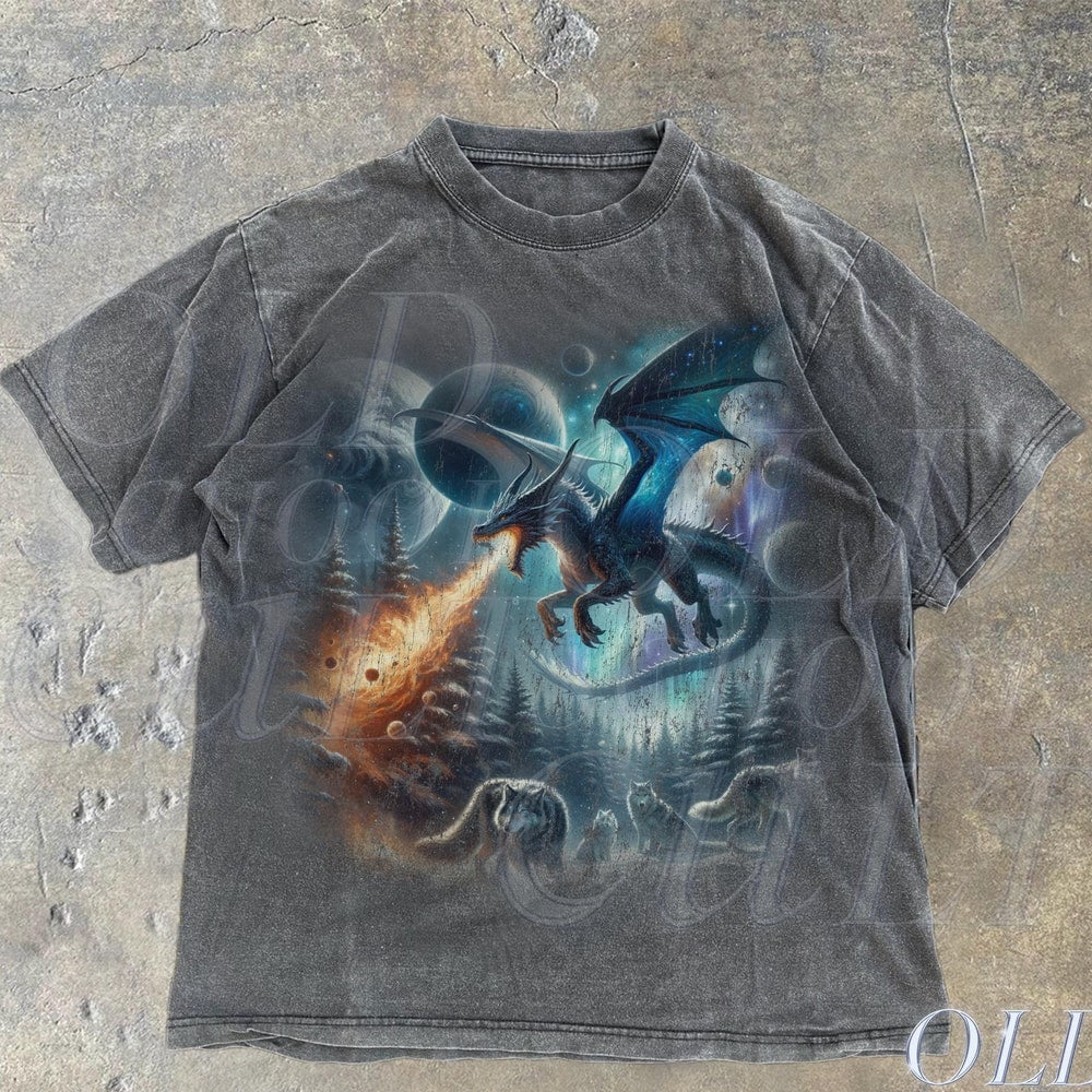 DOPASHIRT Vintage Dragon Wolf Fantasy Graphic T-Shirts, Retro Dragon ...
