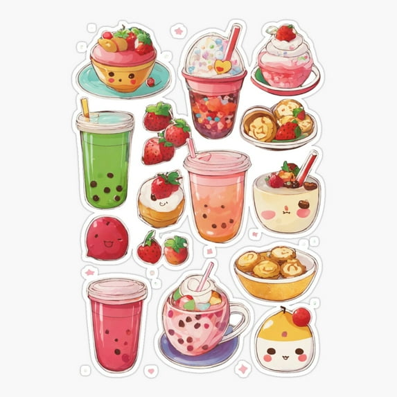 DOPASTICKER A Cute Bubble Tea Cup With Kawaii Fruits And Sweets And ...