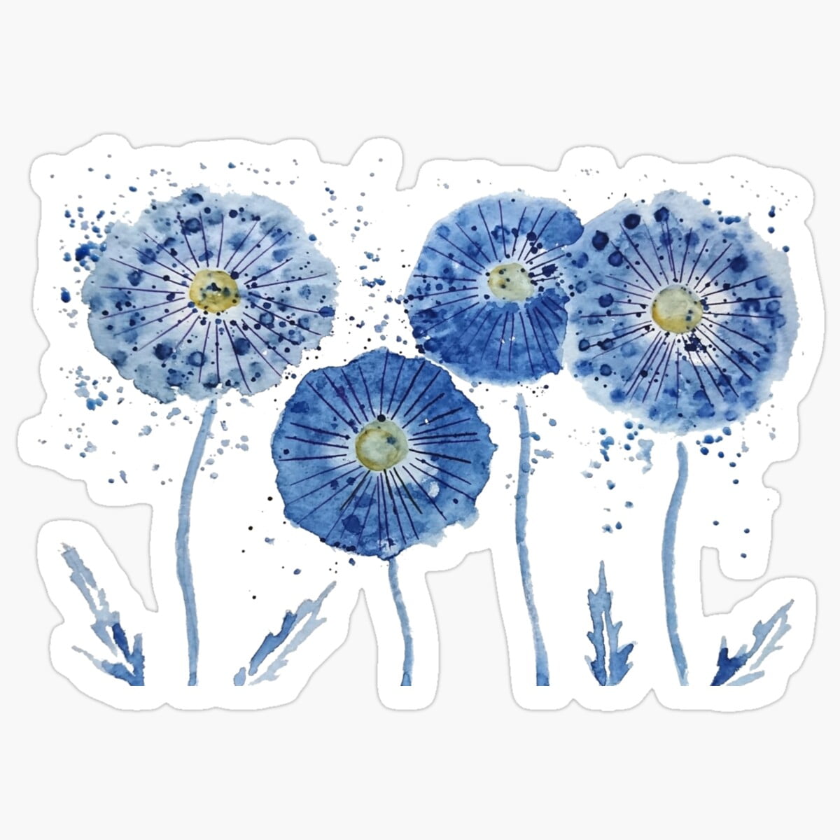 DOPASTICKER Abstract Blue Indigo Dandelion Watercolor Sticker Birthday ...