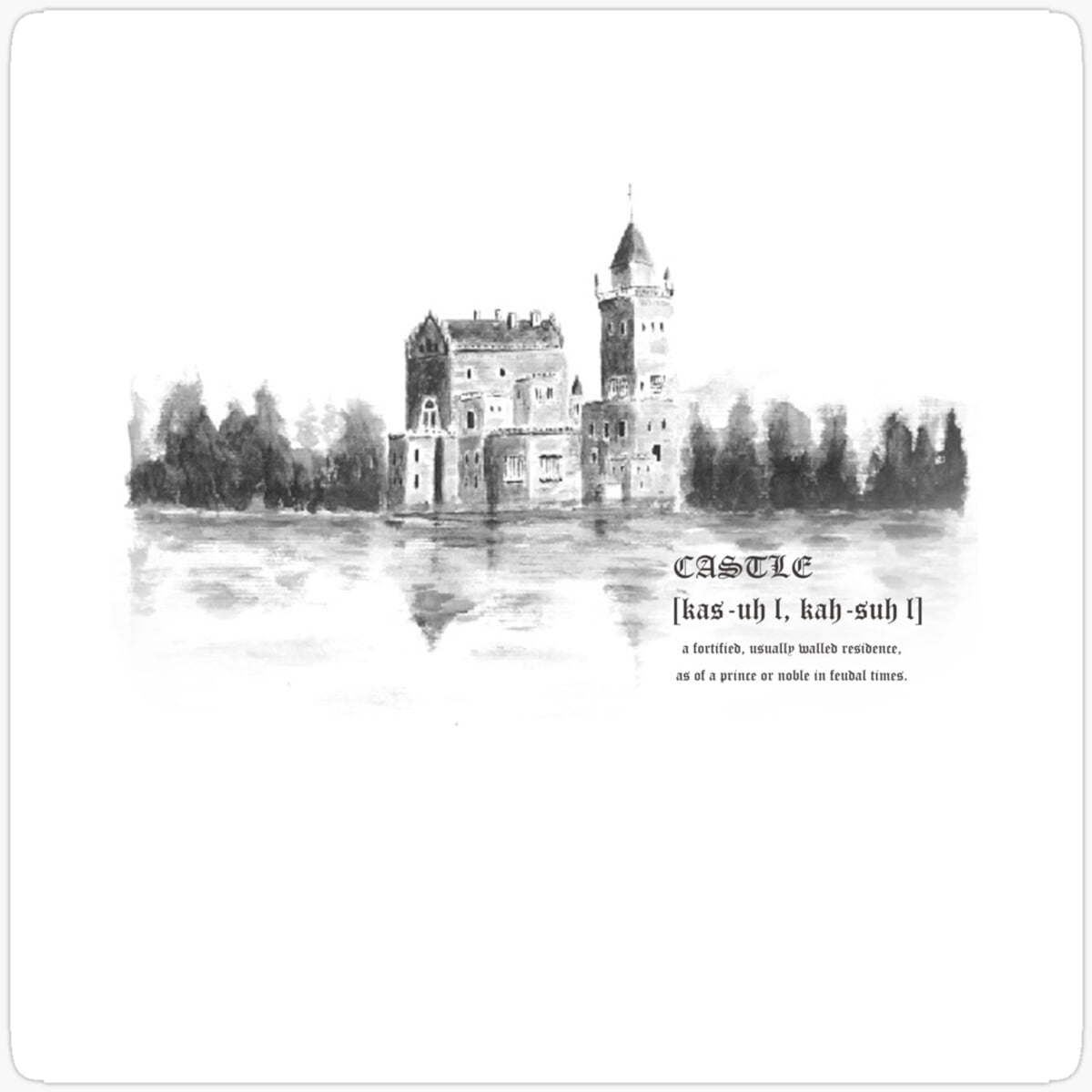 DOPASTICKER Ancient Castle By The Lake Black And White Sticker Birthday ...