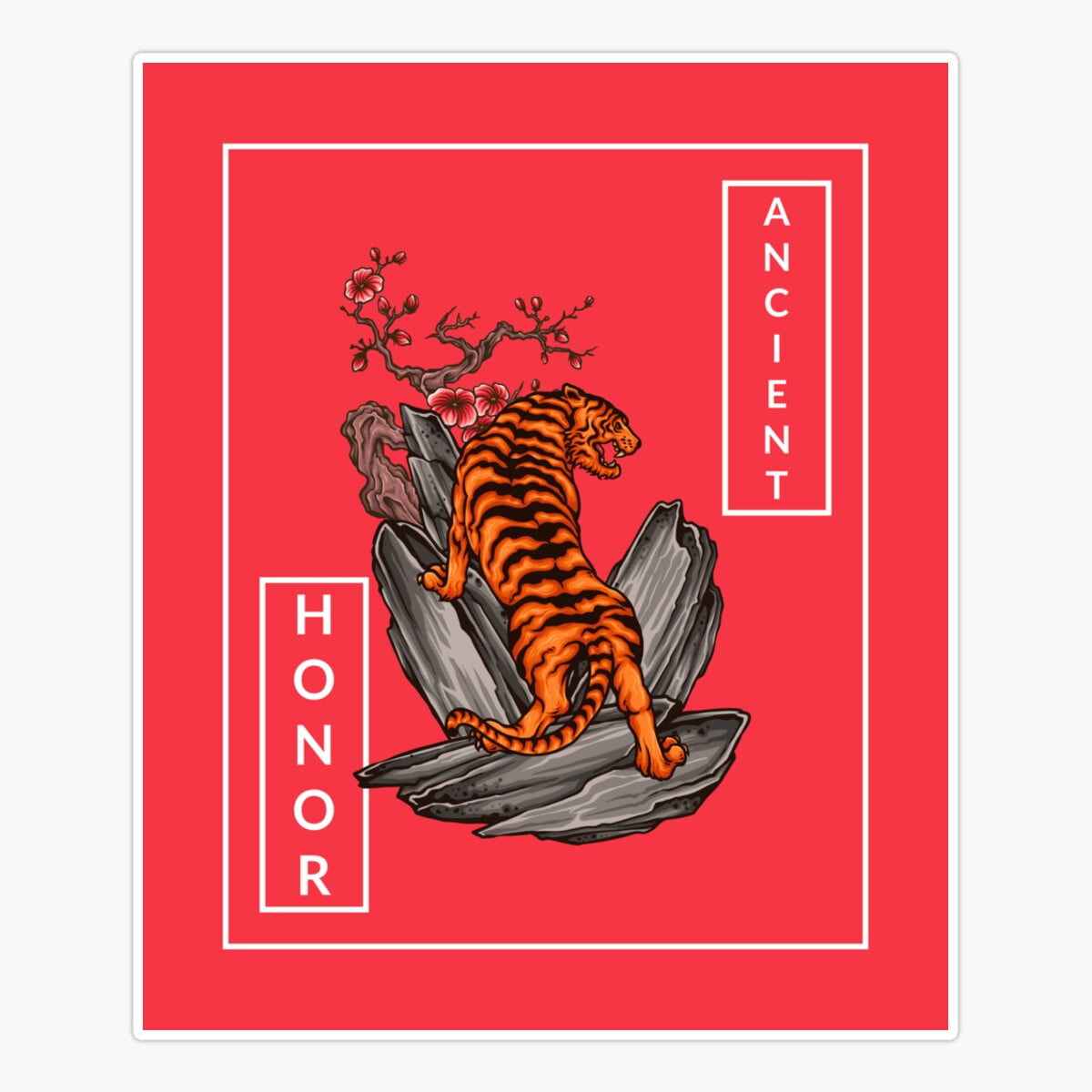DOPASTICKER Ancient Honor Tiger Japanese Blossoms Sticker, Phone ...