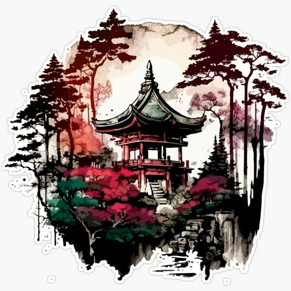 DOPASTICKER Ancient Japanese Temple Waterfall Nature Sticker Phone ...