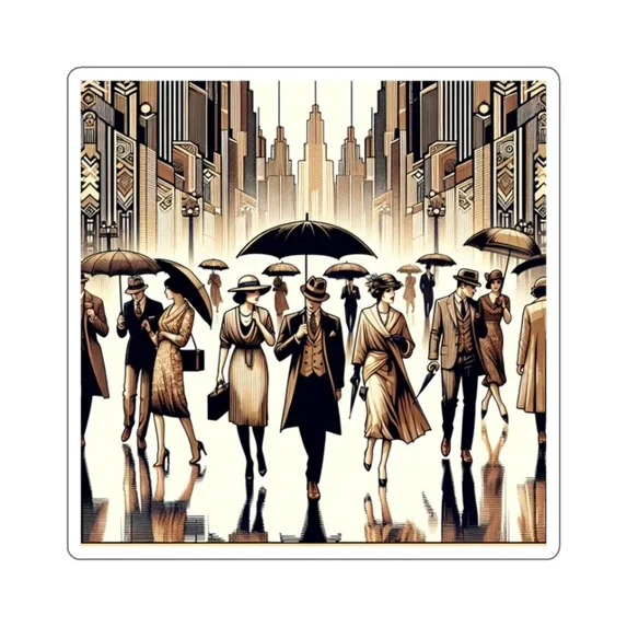 DOPASTICKER Art Deco Rainy Day City Vintage Style Umbrella- Decorative ...
