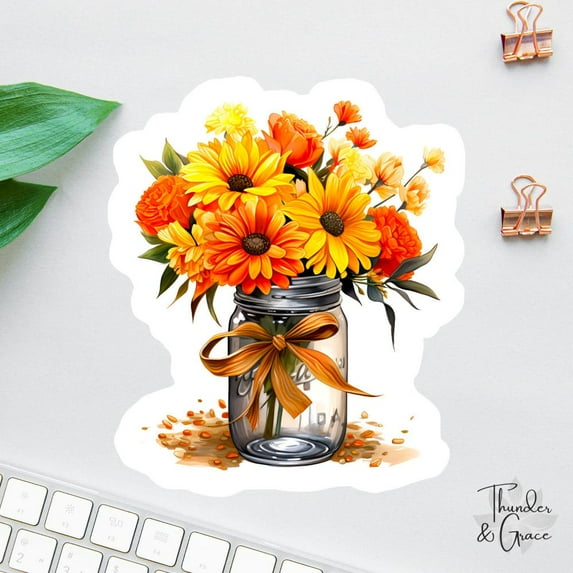 DOPASTICKER Autumn Flower Mason Jar Sticker, Watercolor Flower Label ...