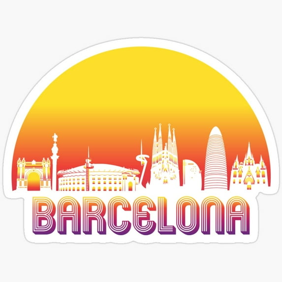 DOPASTICKER Barcelona City Skyline With Retro Sunset Sticker, Decorate ...