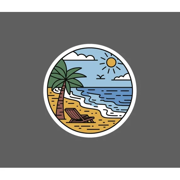 DOPASTICKER Beach Scene Sticker Line Drawing Simplistic Ocean Waves ...