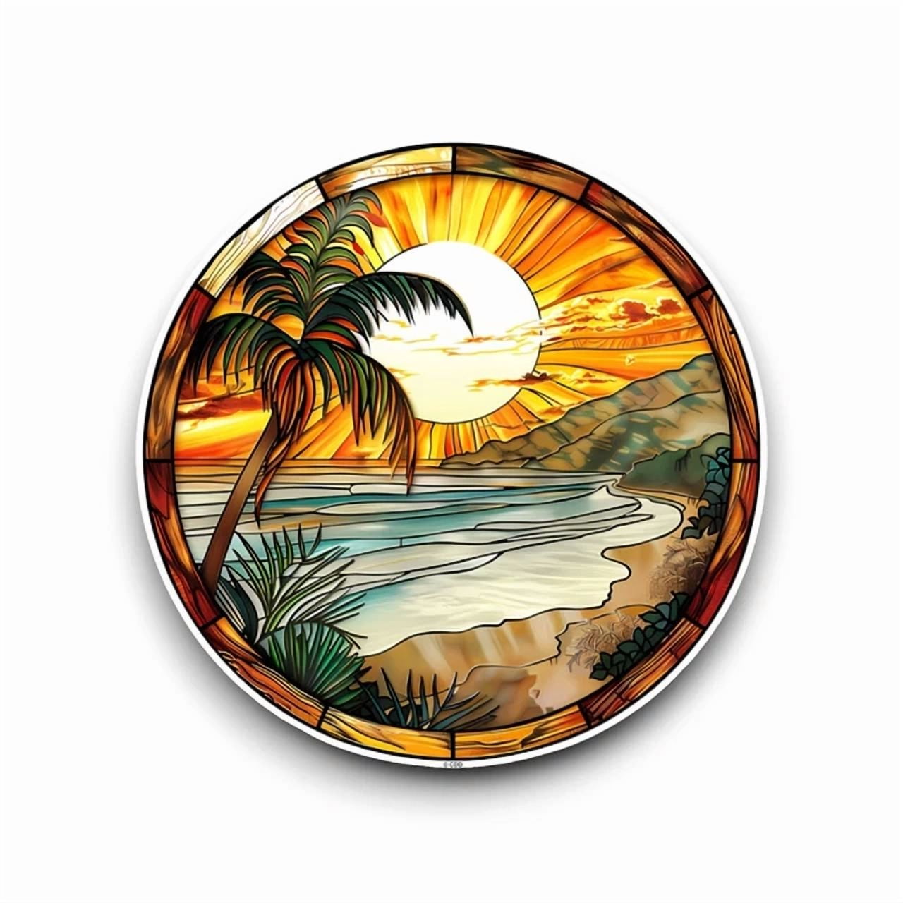 DOPASTICKER Beach Sunset Stained Glass Style Window Design Opaque ...