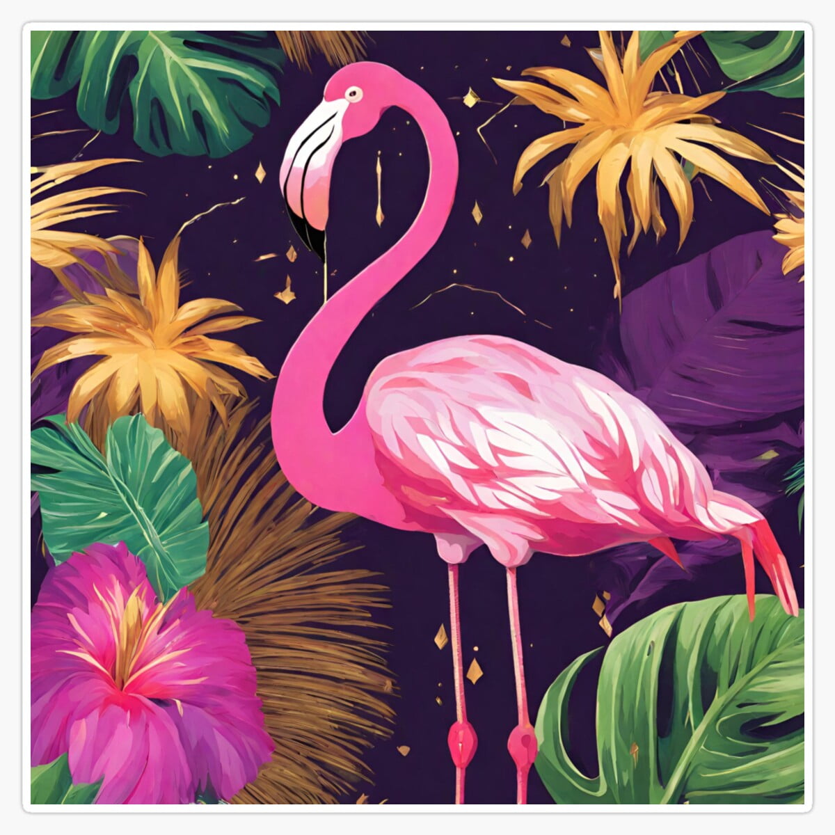 DOPASTICKER Beautiful Pink Flamingo And Golden Coins And Tropical ...