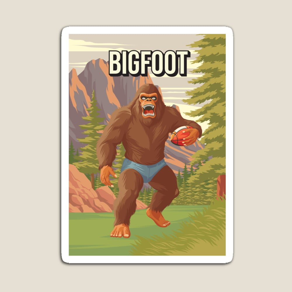 DOPASTICKER Bigfoot Cryptid Playing Football Travel Poster Style ...