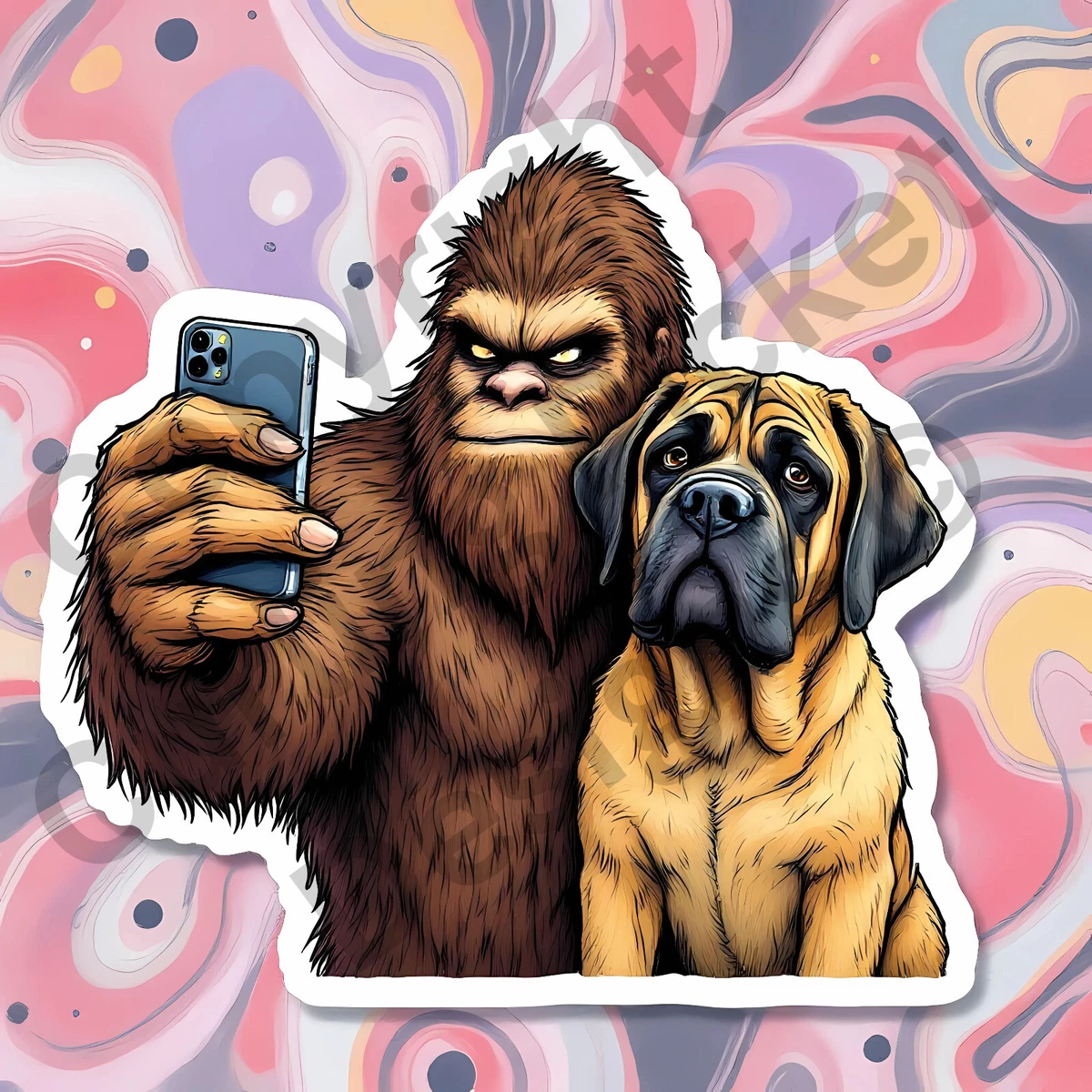 DOPASTICKER Bigfoot Taking Se.Lfie With English Mastiff Sasquatch ...