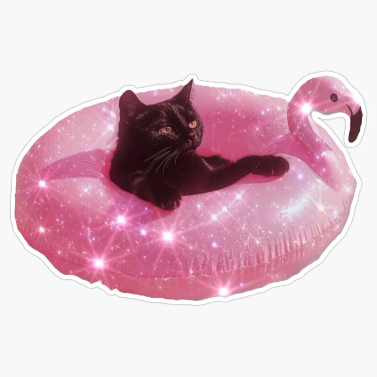 DOPASTICKER Black Cat With Flamingo, Pink Floaty, Sparkle Sticker ...