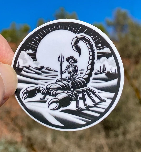 DOPASTICKER Black And White Skeleton Riding Scorpion Through The Desert ...