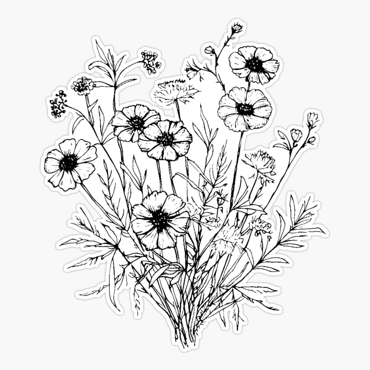DOPASTICKER Black White Wildflowers Line Art Sticker, Phone Sticker Car ...