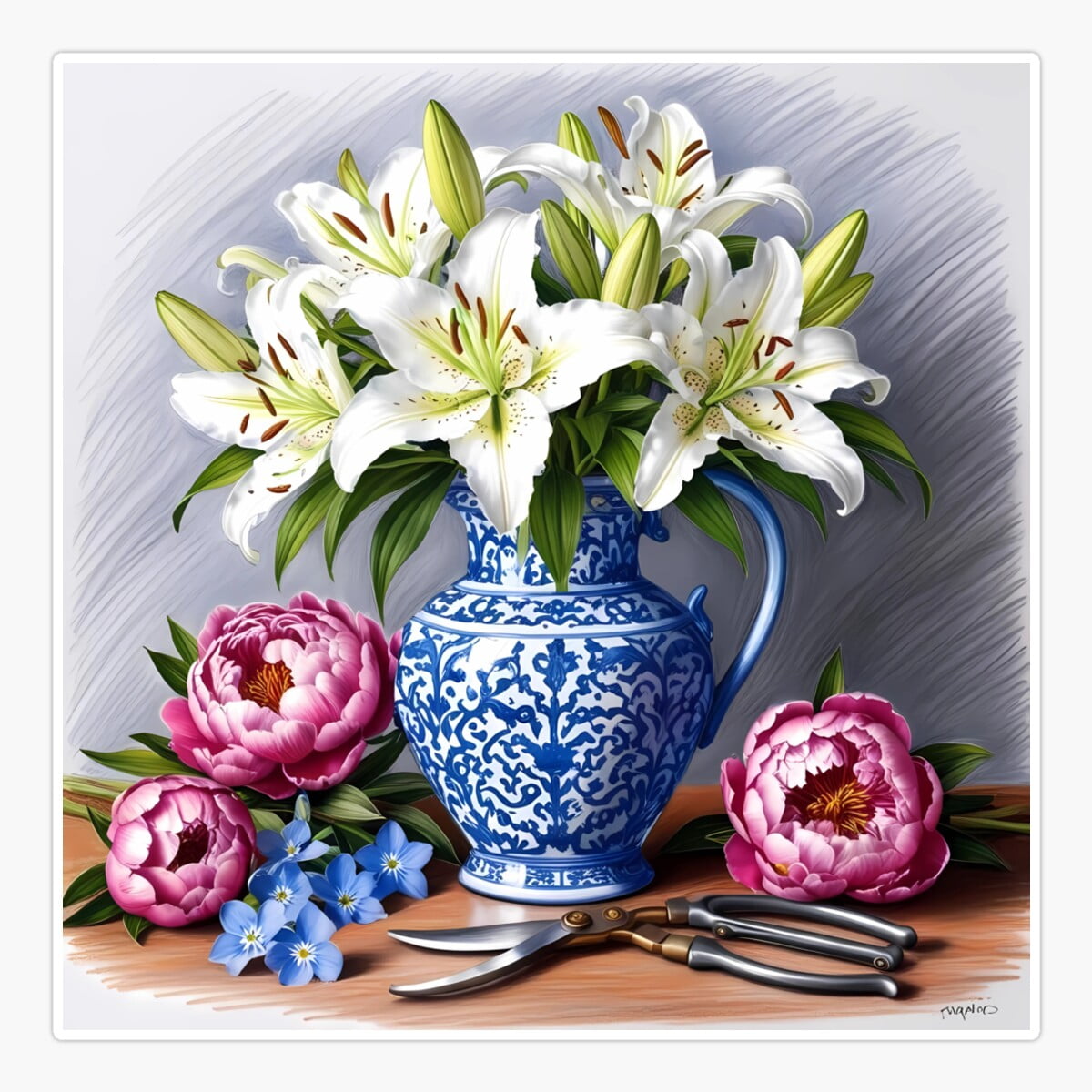 DOPASTICKER Blue Chinoiserie Vase With White Flowers & Garden Tool ...