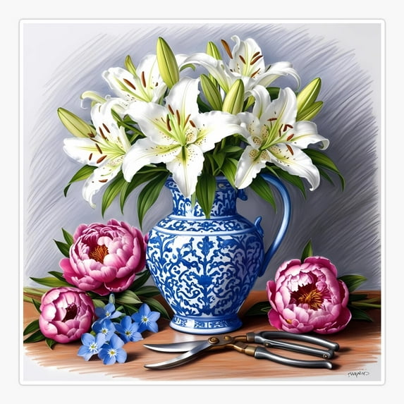 DOPASTICKER Blue Chinoiserie Vase With White Flowers & Garden Tool ...