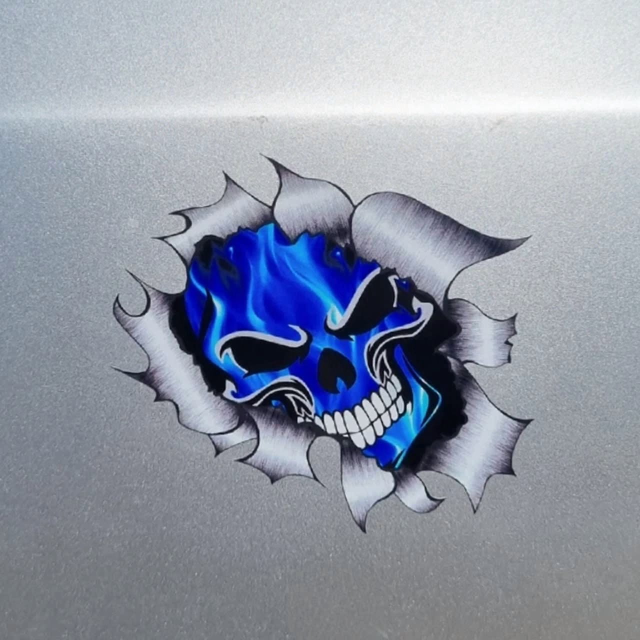 DOPASTICKER Blue Fire Flames Skull Ripped Open Metal Sticker Decal For ...