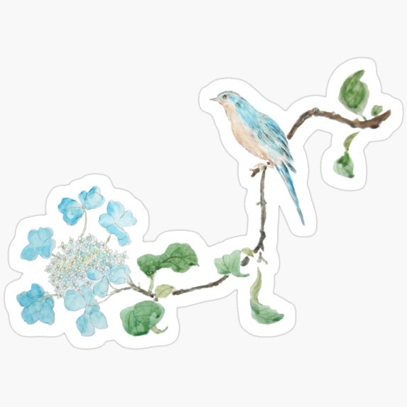 DOPASTICKER Blue Hydrangea And Blue Birds Watercolor Sticker Birthday ...