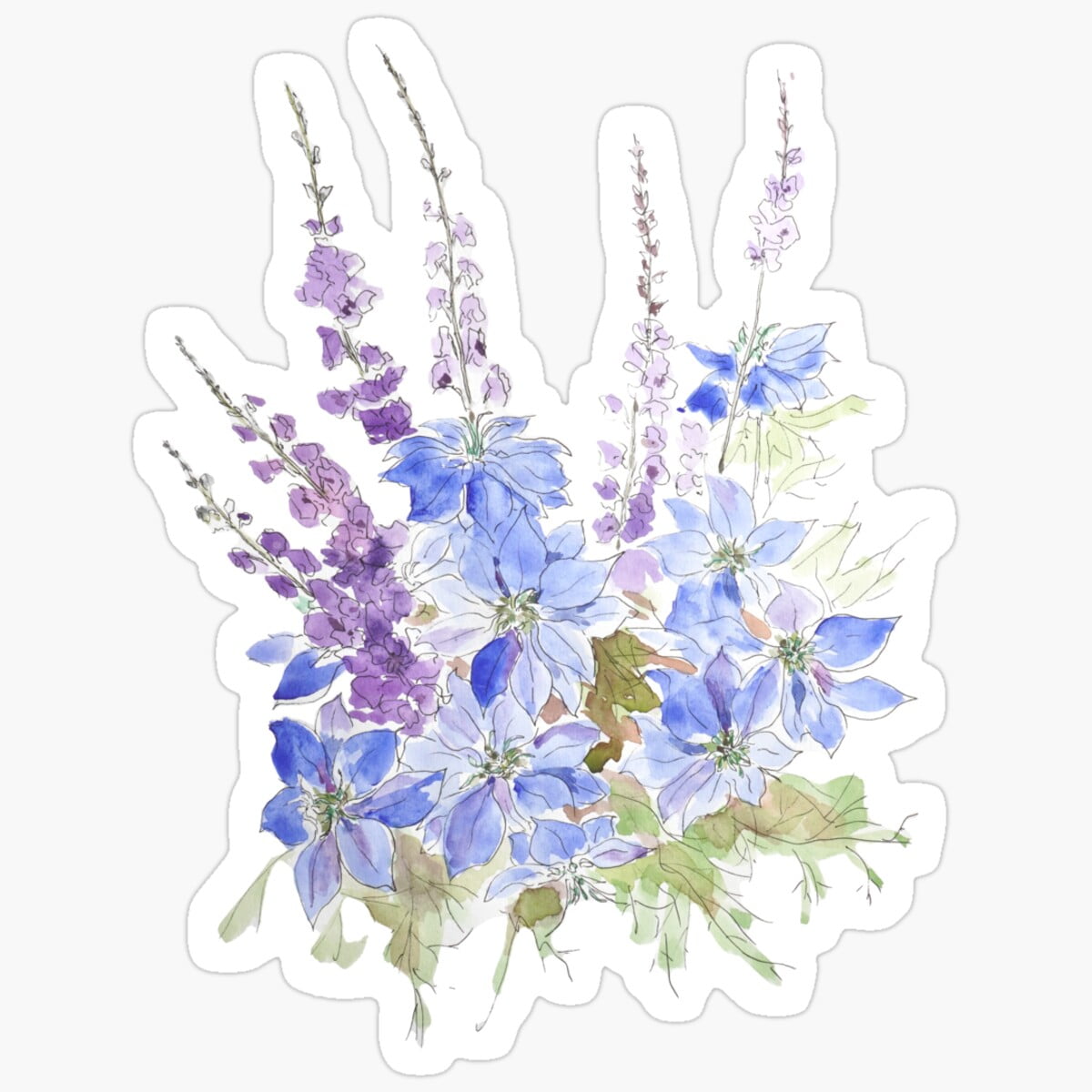 DOPASTICKER Blue Nigella Flower Watercolor And Ink Sticker Birthday ...