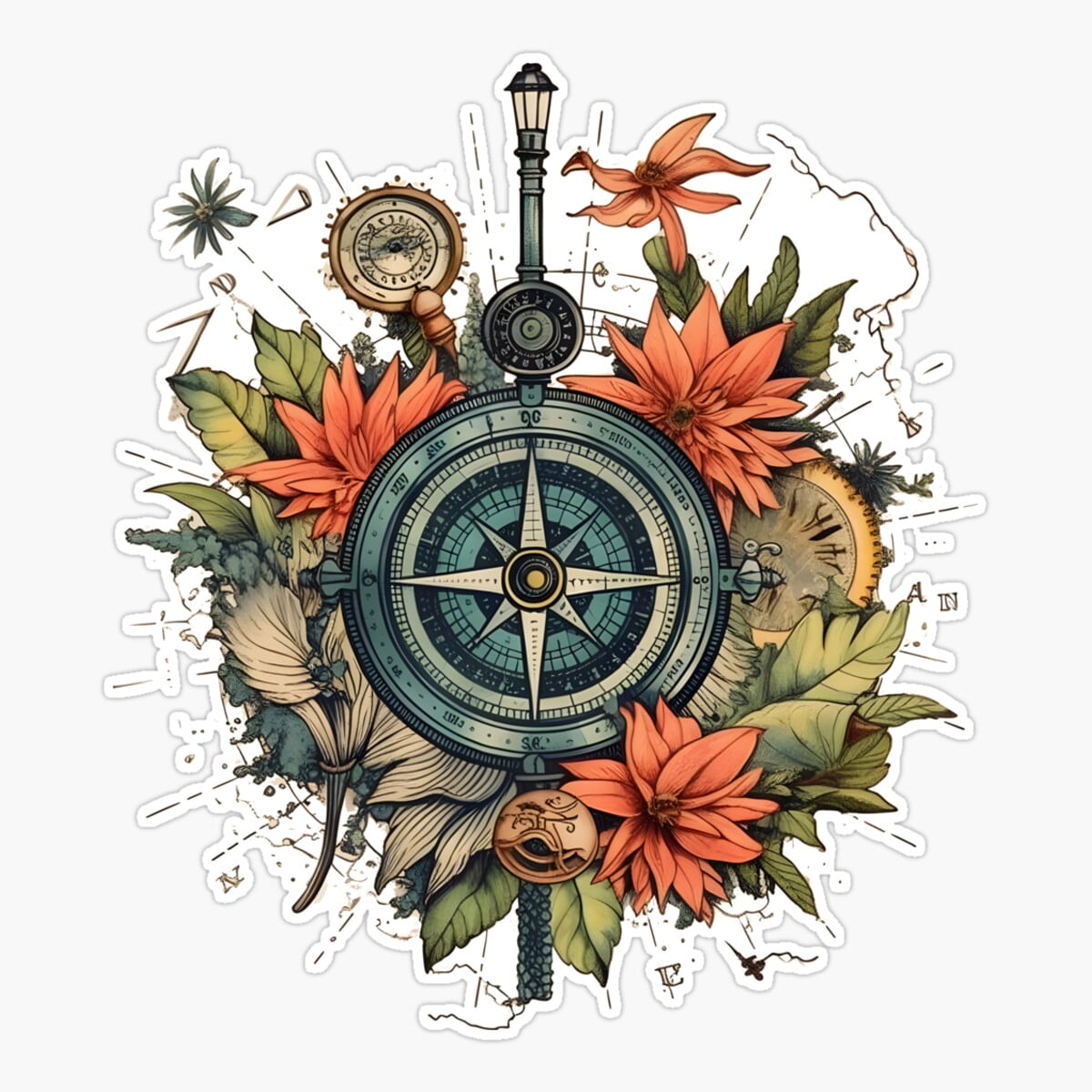 DOPASTICKER Botanical Expedition Art Print, Compass, Travel, Flowers ...