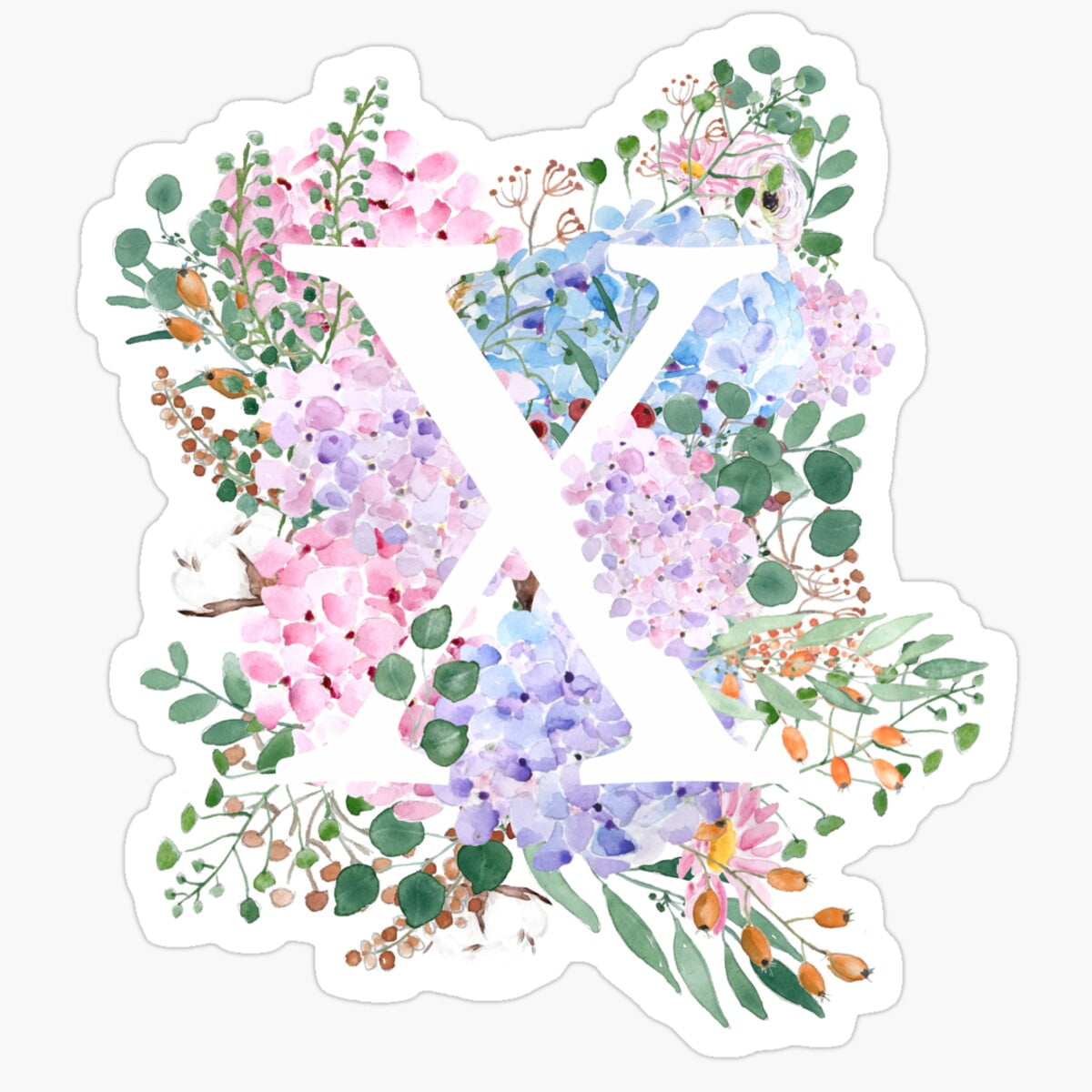 DOPASTICKER Botanical Monogram Alphabet X Hydrangea Flowers Sticker ...