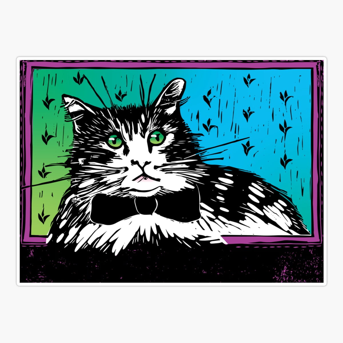 DOPASTICKER Bow Tie Cat With Green Eyes, Block Print Sticker, Phone ...