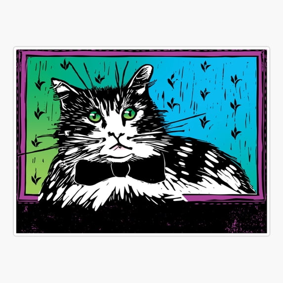 DOPASTICKER Bow Tie Cat With Green Eyes, Block Print Sticker, Phone ...