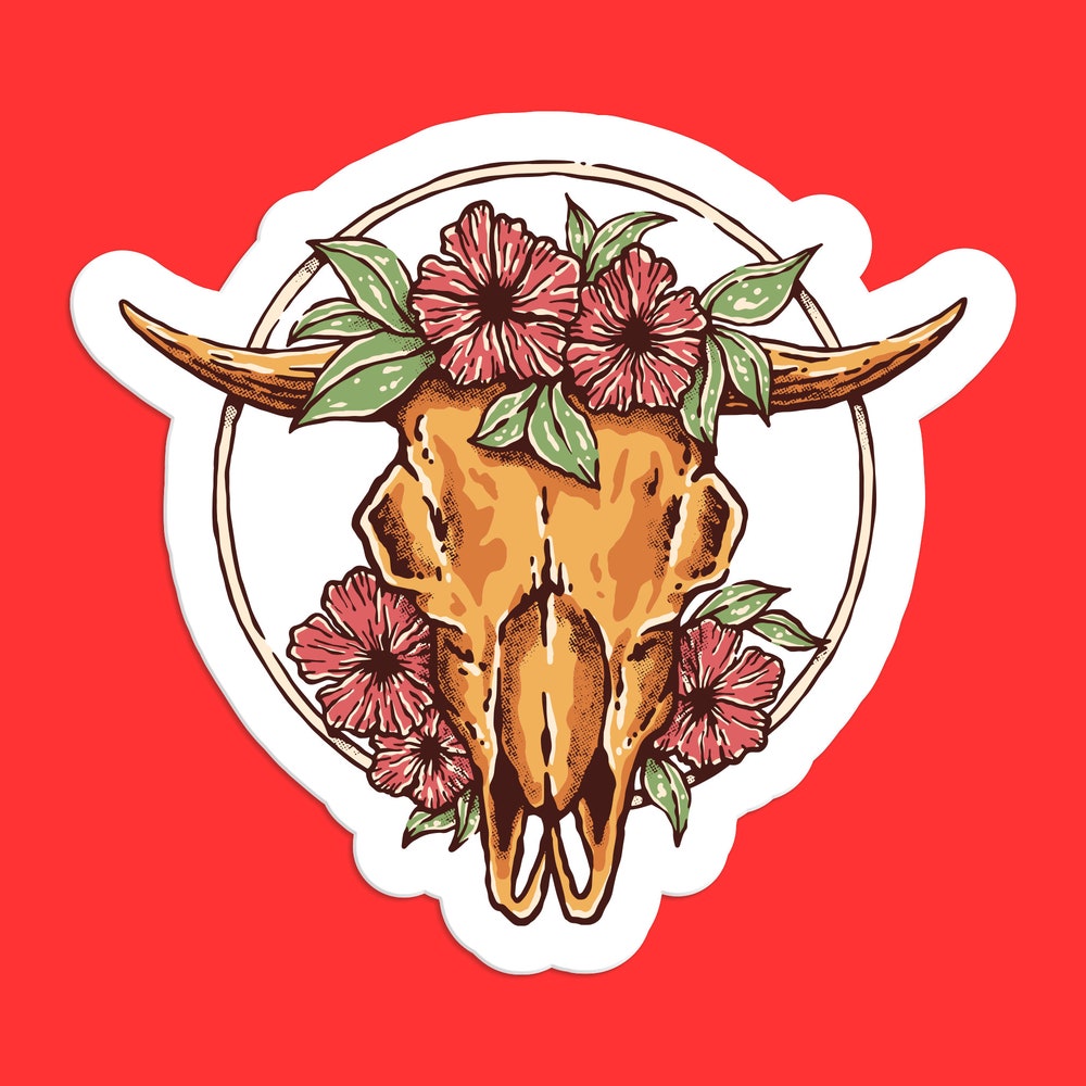 DOPASTICKER Bull Skull With Flowers Sticker, Rustic Western Skull Art ...