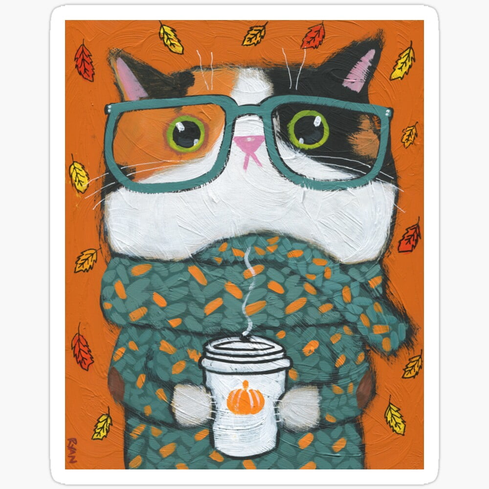 DOPASTICKER Calico Autumn Coffee Sweater Cat Sticker, Decorate Laptops ...