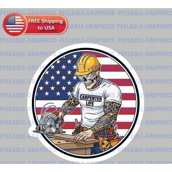 DOPASTICKER Carpenter Sticker American Skull Circular Saw Hammer ...