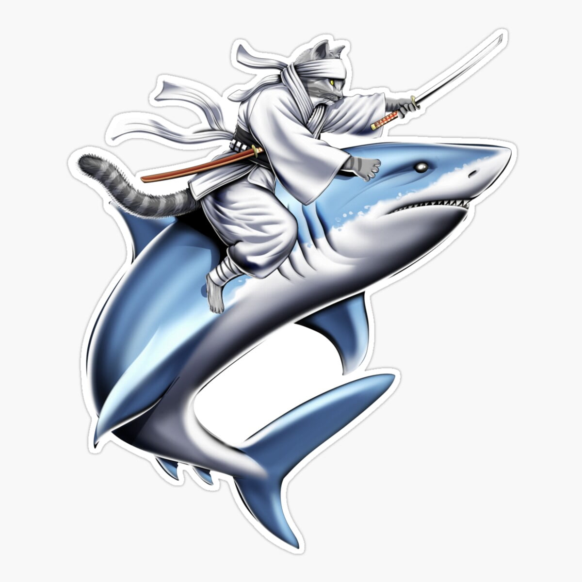 DOPASTICKER Cat Samurai Ninja Riding Shark Sticker, Phone Sticker Car ...