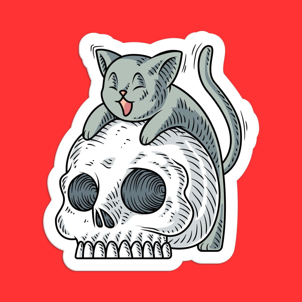 DOPASTICKER Cat On Skull Sticker - Adorable And Spooky Design, Perfect ...
