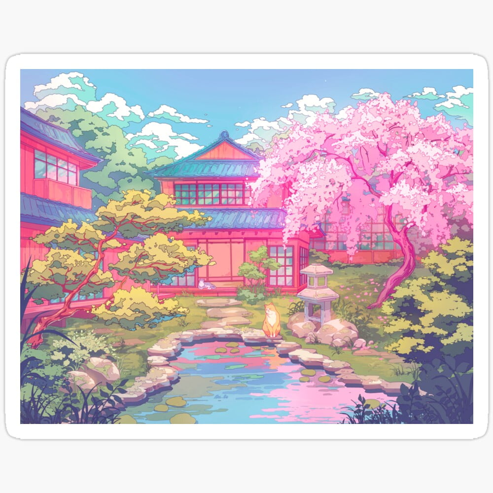 DOPASTICKER Copy Of Serene Japanese Garden, Cherry Blossoms And Cute ...