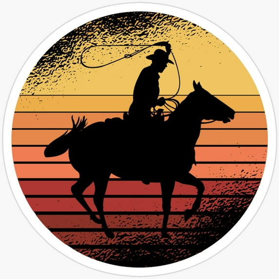 DOPASTICKER Cowboy Riding His Horse With A Retro Sunset Background ...