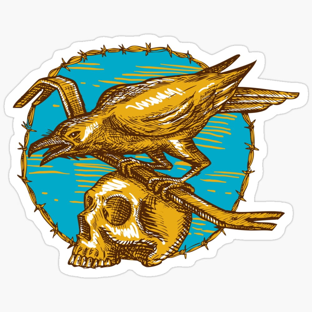 DOPASTICKER Crow Perching Crowbar Skull Barbed Wire Drawing Sticker ...