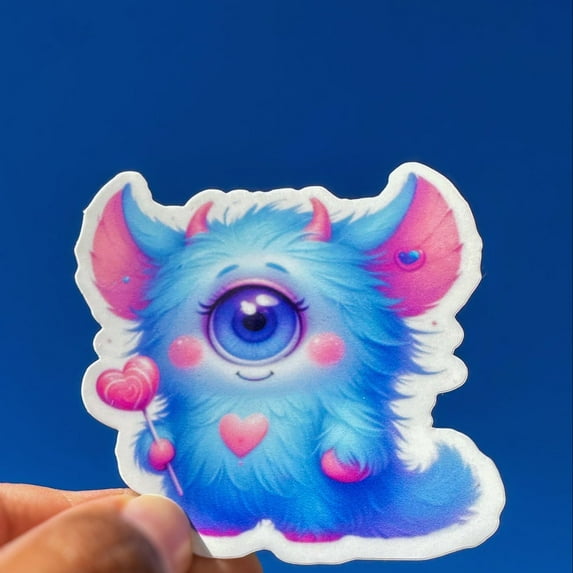 DOPASTICKER Cute Blue One-Eyed Monster Sticker Heart Balloon, Cute ...